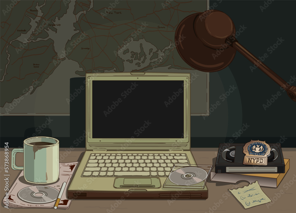 NYPD detective's workplace. Retro style, comics, cartoon. On the ...