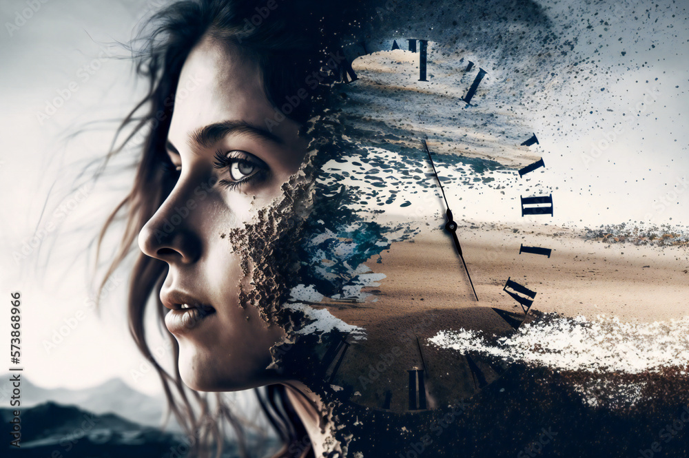 Young woman portrait with a clock. Time related concept. Fictional ...