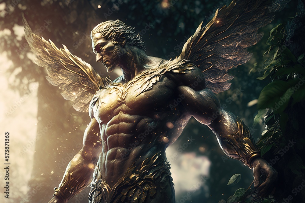 Plakat A man with wings standing in the woods with a sword in his hand ...