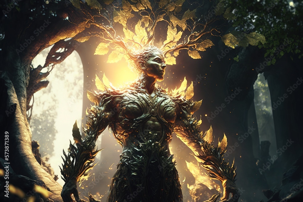 A man standing in a forest with a giant demon like creature on his back ...