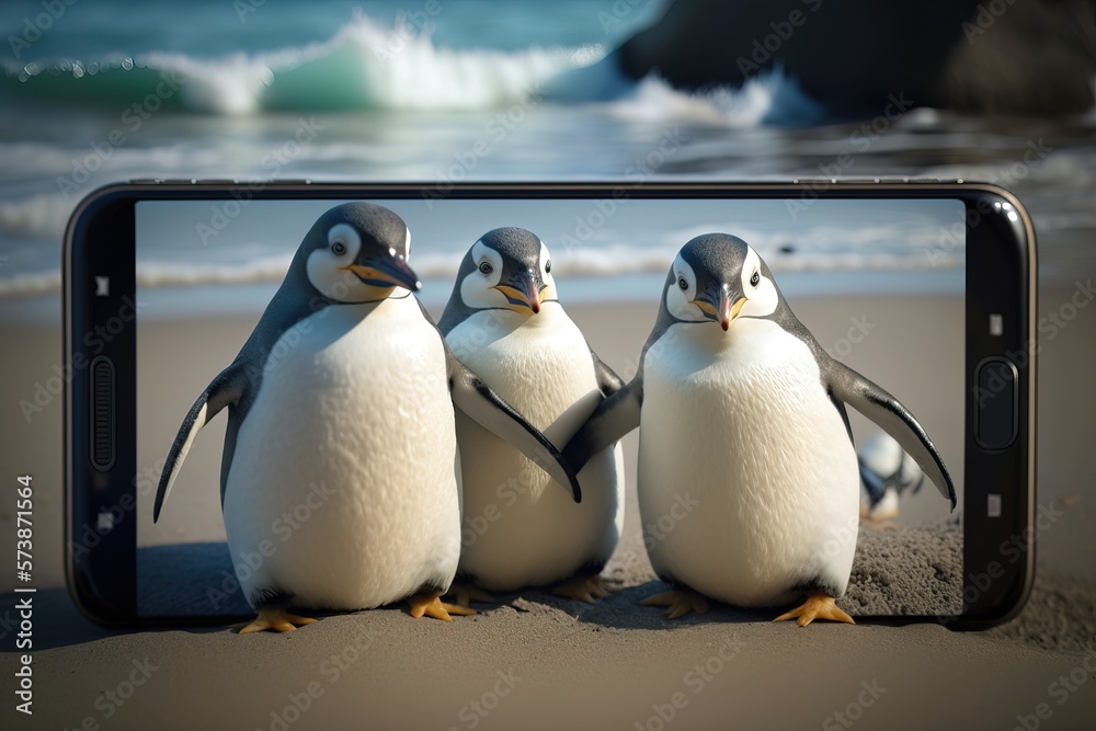 Three penguins standing on the beach with a cell phone in front of them ...
