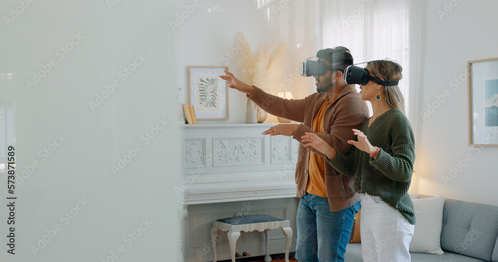 Metaverse, virtual reality headset and couple on sofa in house or home ...