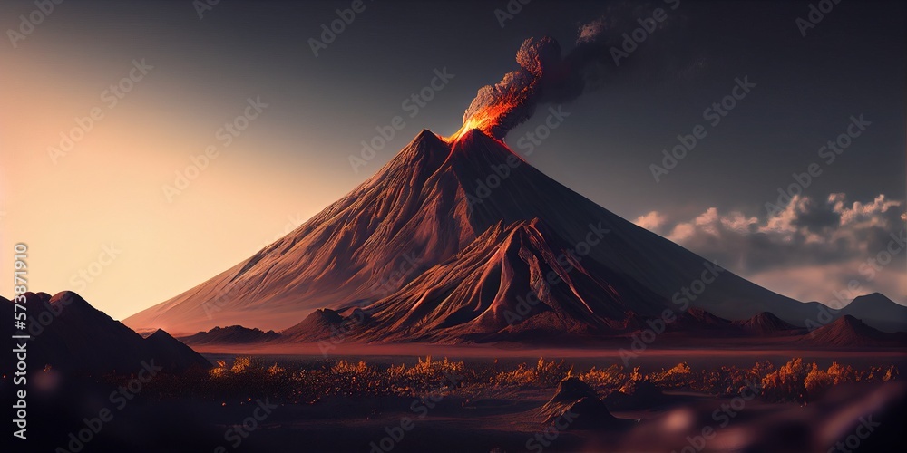 A volcano with a lava spewing out of it's side in a desert cinematic ...