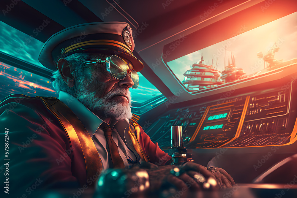 Ship captain on a modern futuristic boat transport at sea. Neural ...