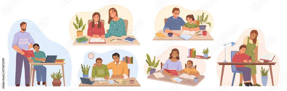 Mom and dad helping children with homework tasks and assignments from ...