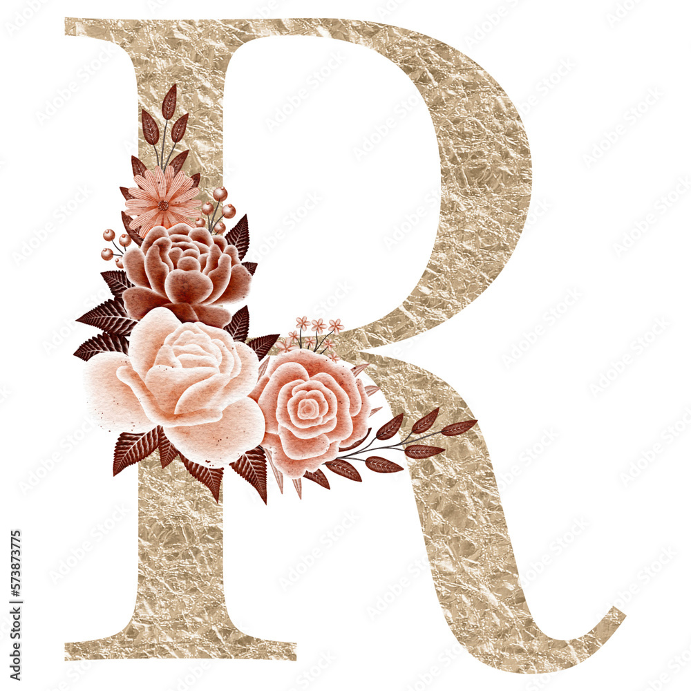 Floral alphabet, gold letter R with watercolor flowers and leaf Stock ...