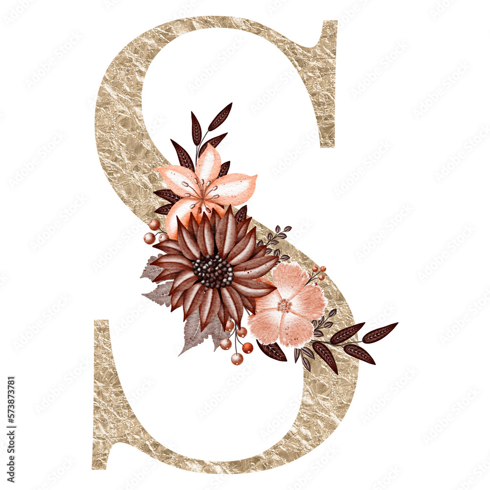 Floral alphabet, gold letter S with watercolor flowers and leaf Stock ...