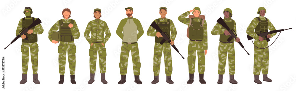 Service people, military men and women with guns wearing special ...