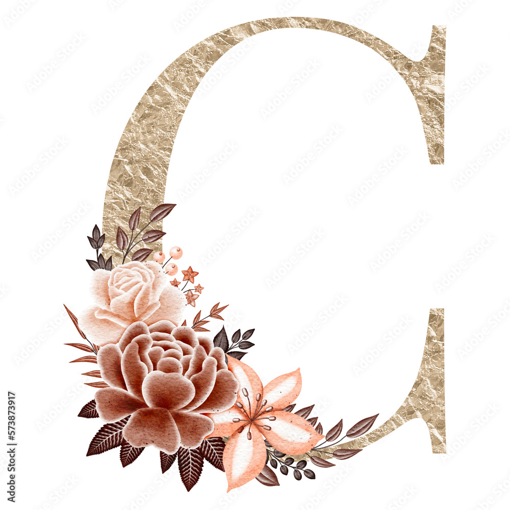 Floral alphabet, gold letter C with watercolor flowers and leaf Stock ...