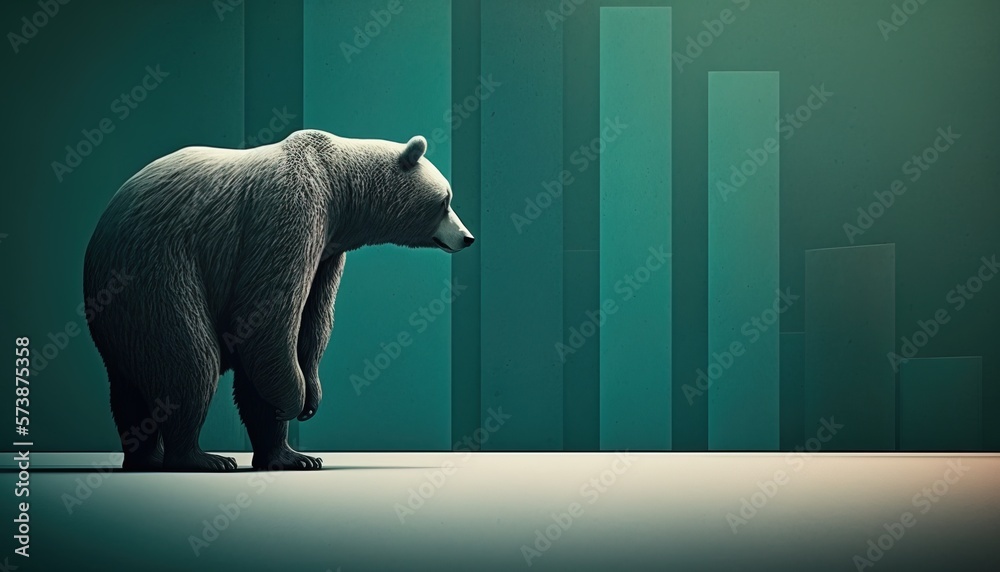 A bear standing in front of a bar chart with a green background and a ...