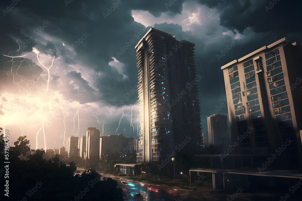 Tornado storm in city center with dark sky and bad weather. Neural ...