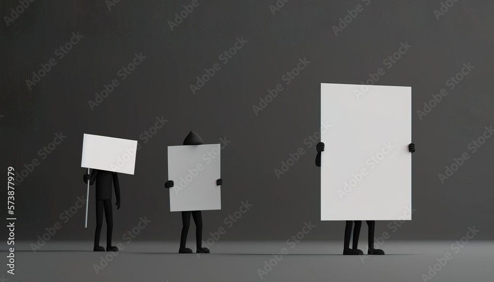 Three small figurines holding up blank signs in front of them one of ...