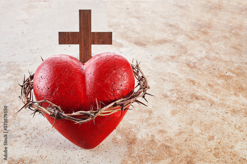 Sacred Heart of Jesus, surrounded by a crown of thorns and with wooden ...