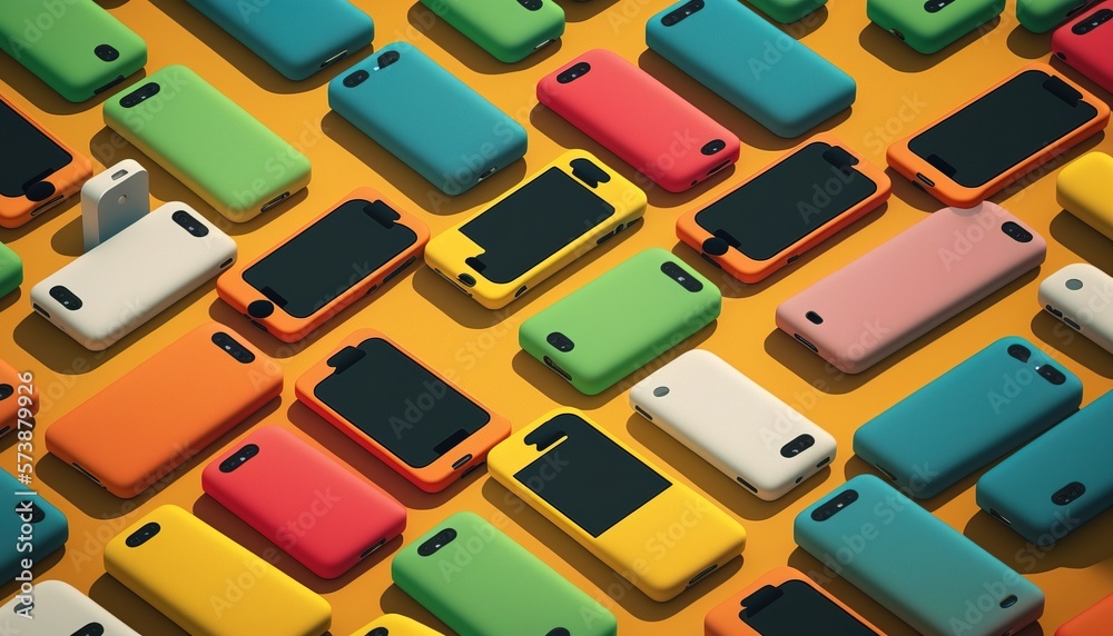 A group of cell phones sitting on top of a yellow surface with ...