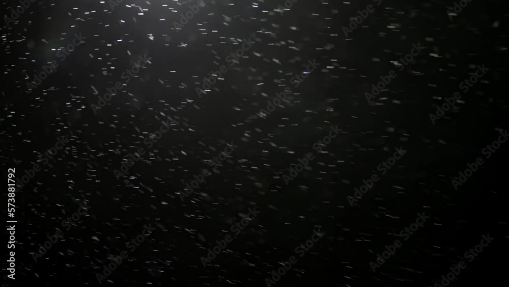 Snowflakes fly slowly in front of the camera. Snow illuminated at night ...