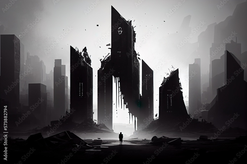 A man standing in front of a city with tall buildings and a giant clock ...