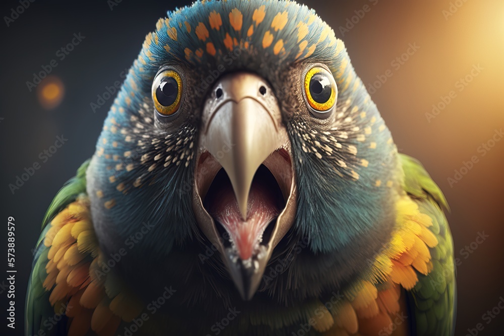A colorful bird with a big beak and a big mouth with its mouth open and ...