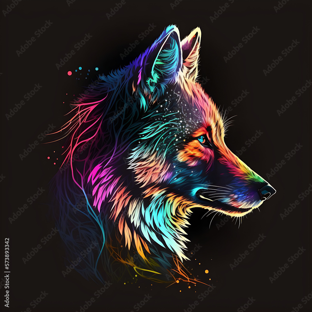 Wolf. Color, graphic portrait of an wolf on a black background. AI ...