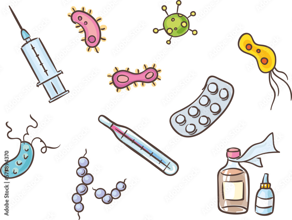 Set of cartoon different germs and medical devices and medicines ...