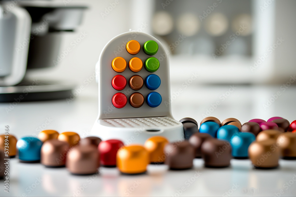 colours coffee capsules in a modern white kitchen background, small ...