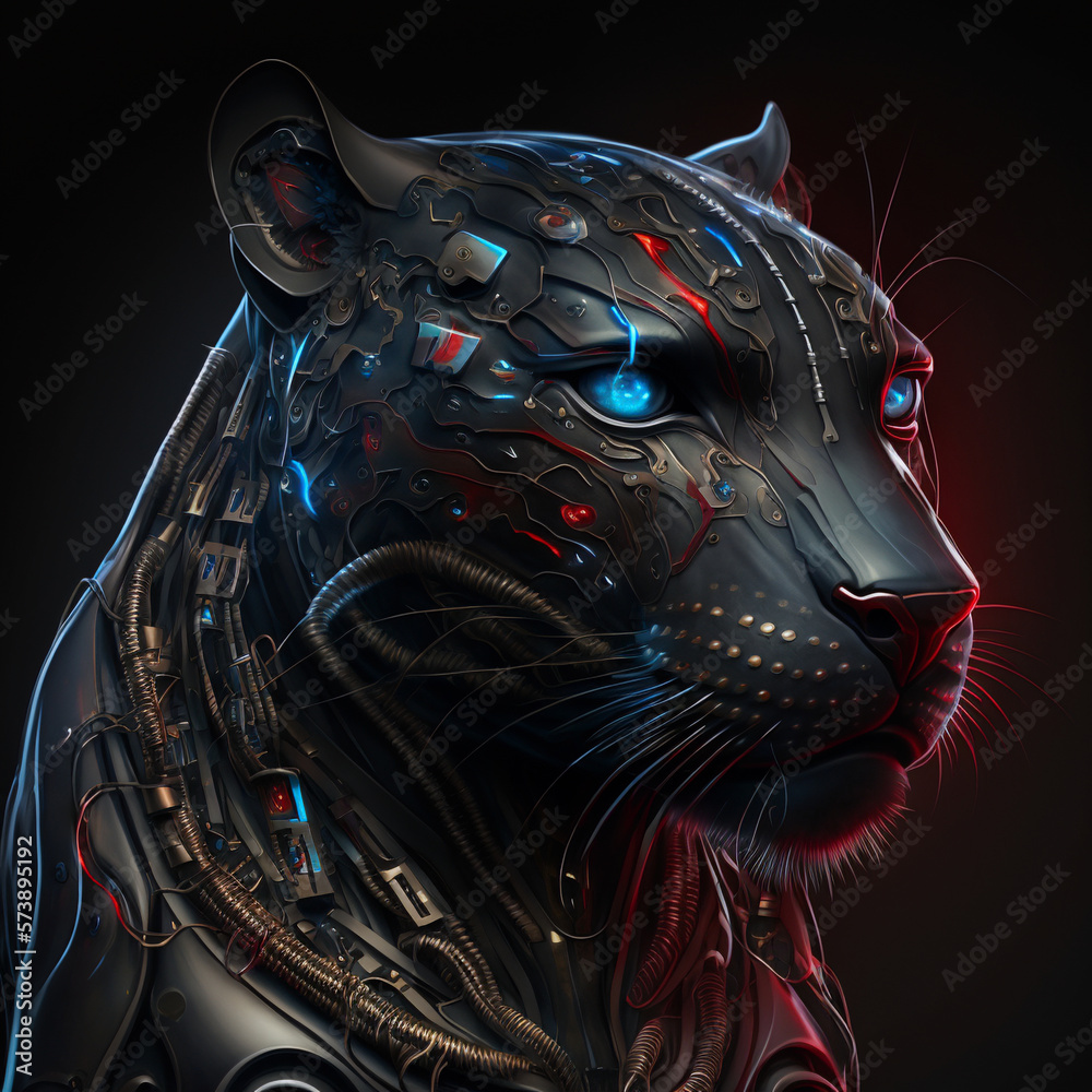 The head of the robot leopard in close-up. Yellow eyes. High-tech elements. Sci-fi art. Dark ...