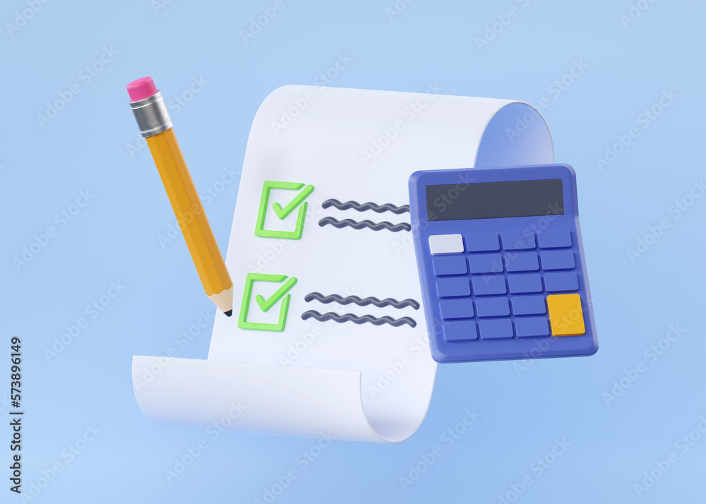 Tax calculator 3d render - flying financial checklist, money management and payment invoice ...