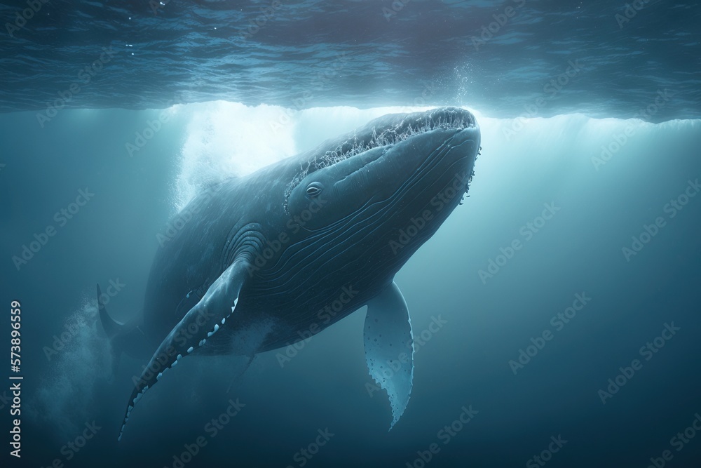 A humpback whale swims under the water's surface in the ocean ocean a ...