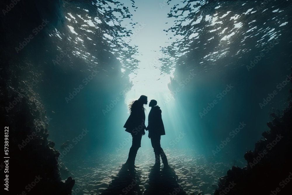 Two people standing in a cave looking at the water below them and the ...