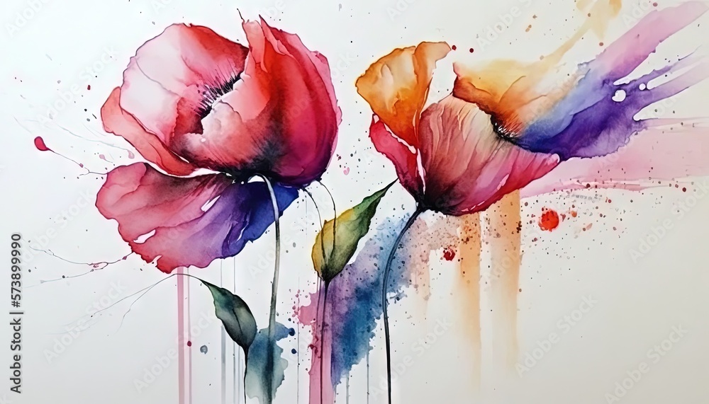a painting of two flowers painted on a white background with a red and ...