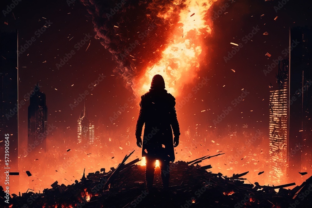 A man standing in front of a huge fire with a city in the background ...