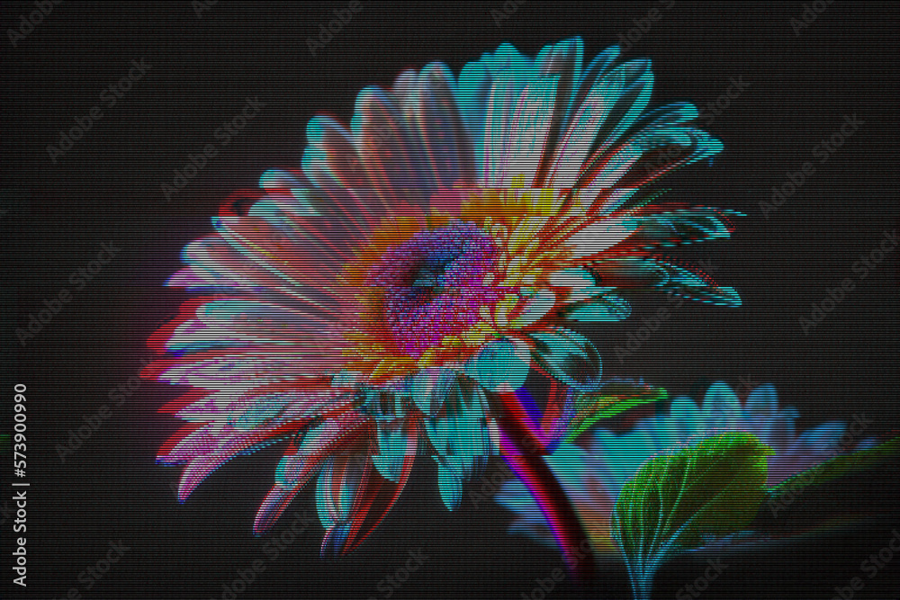 Glitched glowing neon flower. Abstract glitch background. Cyberpunk ...