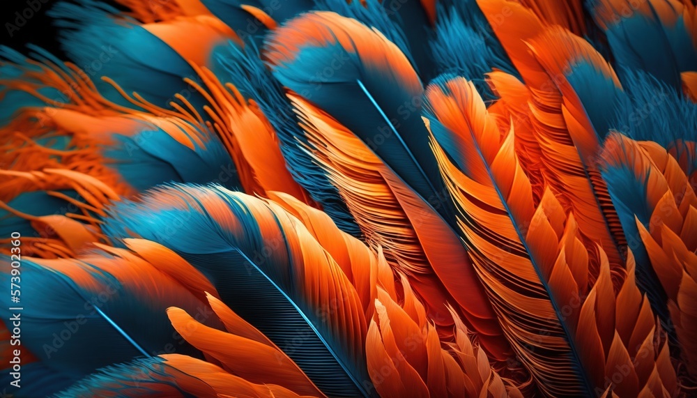 a close up of a bunch of feathers on a black background with a blue and ...