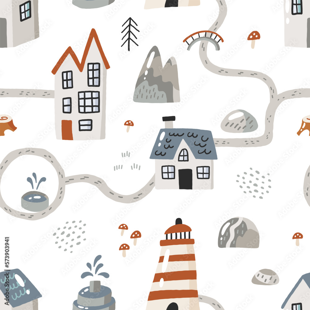 Cartoon town map. Cute childish background with houses, roads, trees, mountains, lighthouse ...