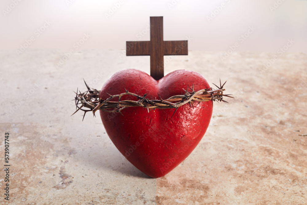 Sacred Heart of Jesus, surrounded by a crown of thorns and with wooden ...
