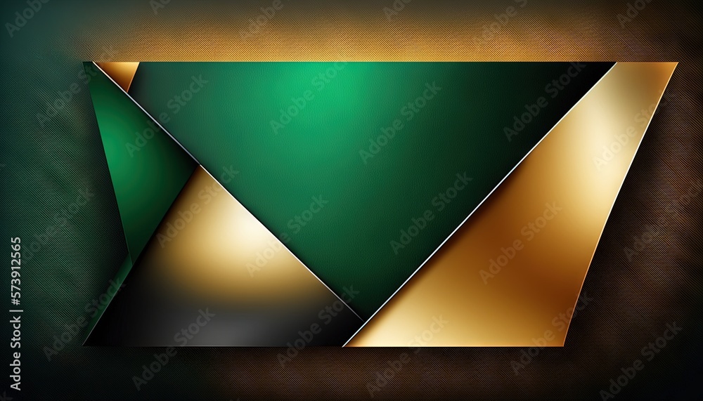 a green and gold abstract painting with a gold triangle in the center ...