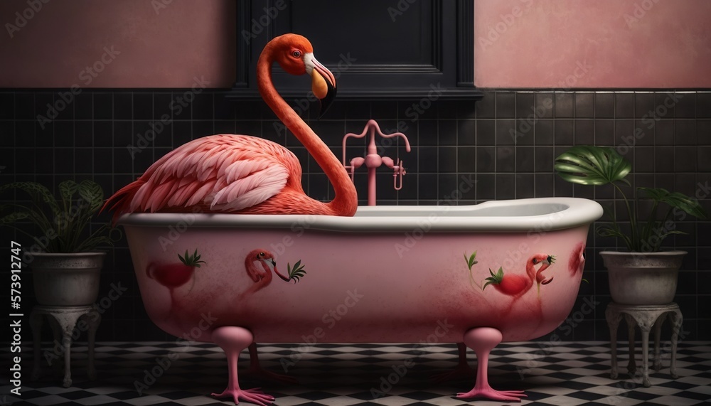 a pink flamingo in a bathtub with a pink faucet and a black and white ...