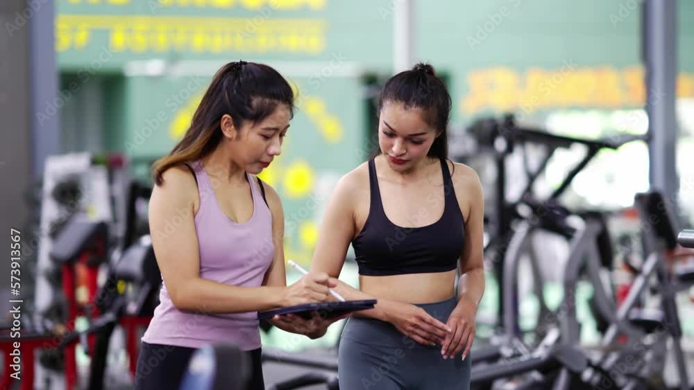 Gym subscription, personal trainer and happy client talking and ready ...