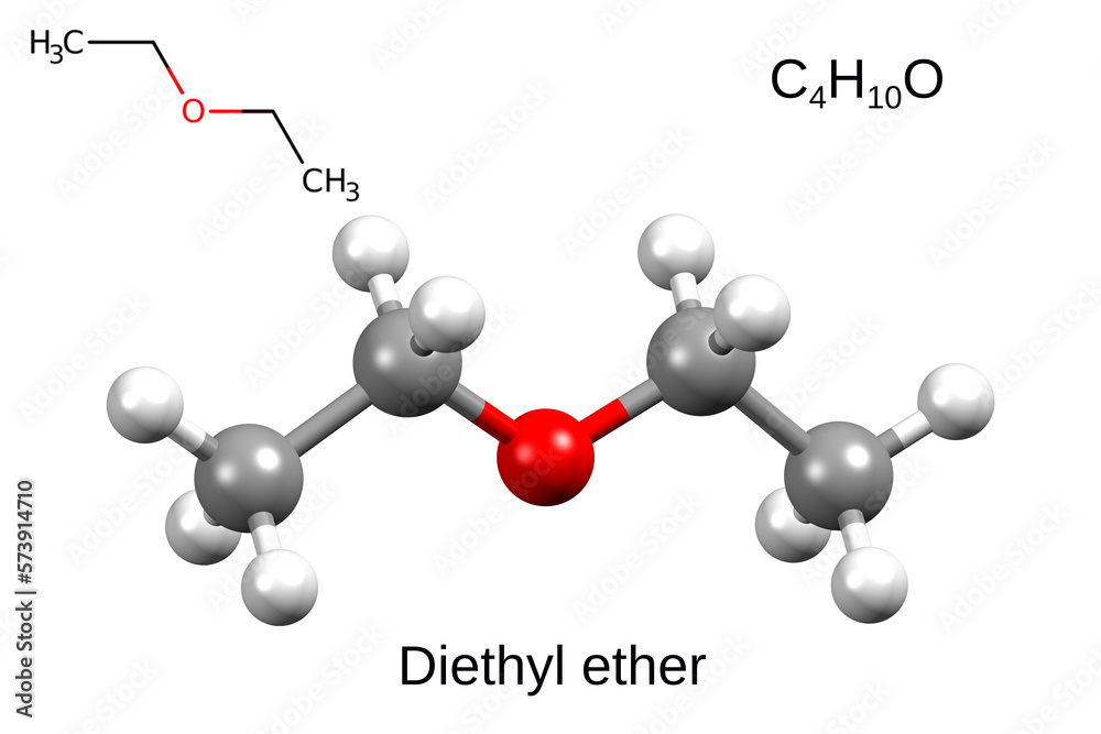 Chemical formula, skeletal formula and 3D ball-and-stick model of diethyl ether Stock ...