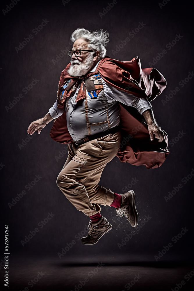 Elderly but agile man, dressed in a super hero coat, ready to do heroic ...