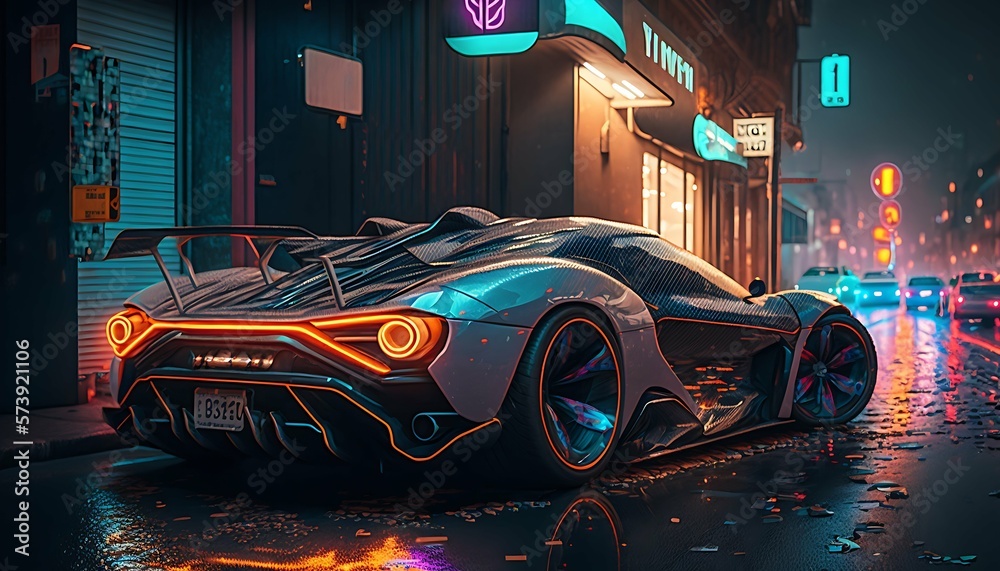 sport car parked on the street at cyberpunk city with Generative AI ...