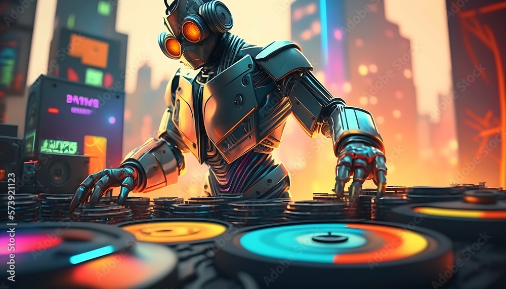 A robot DJ mixing music and urban city in the background with ...