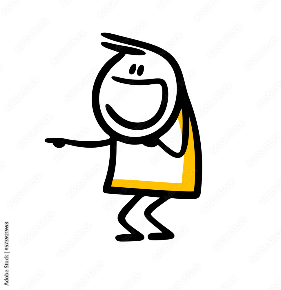 Cartoon funny character points to the left with his finger and laughs ...