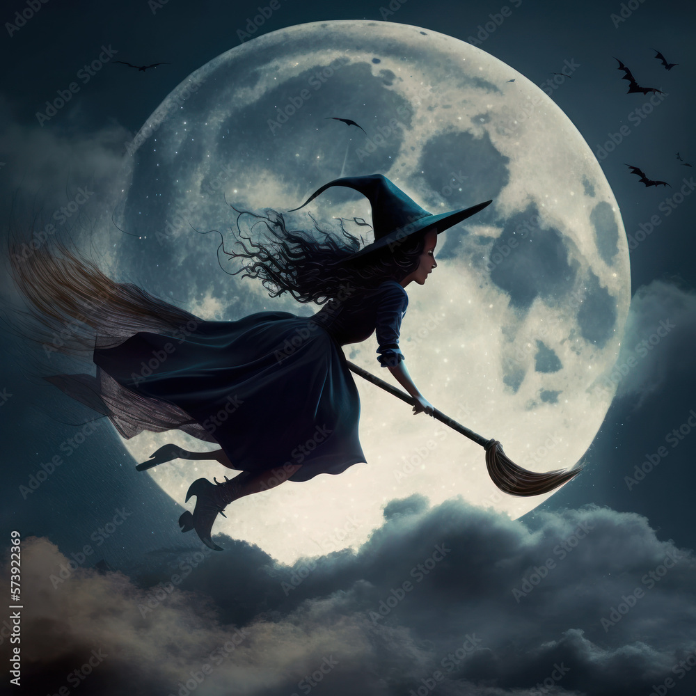 A witch flying with her broom at the full moon Stock Illustration ...