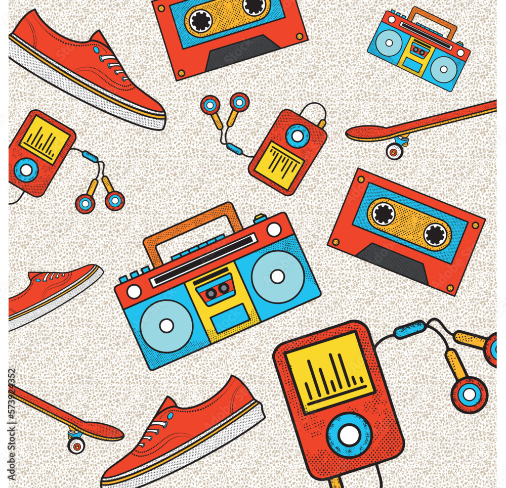 Vintage 90's Assets Set, Cassette, Skateboard, Shoes, Boombox, Walkman ...