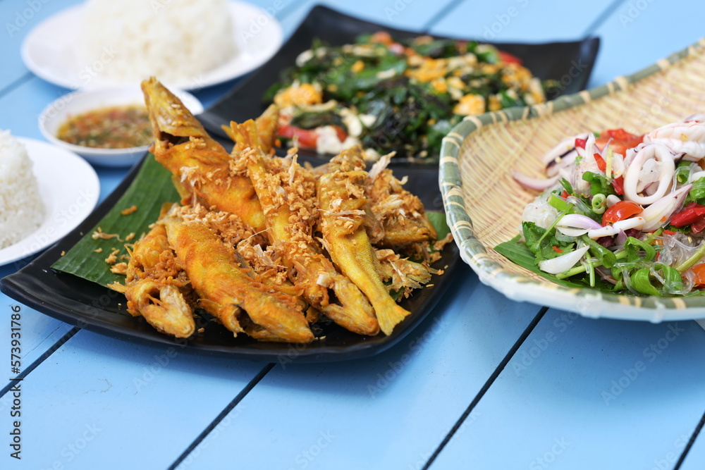 Selective focus shot of Thai food set consisting of , stir-fried liang ...