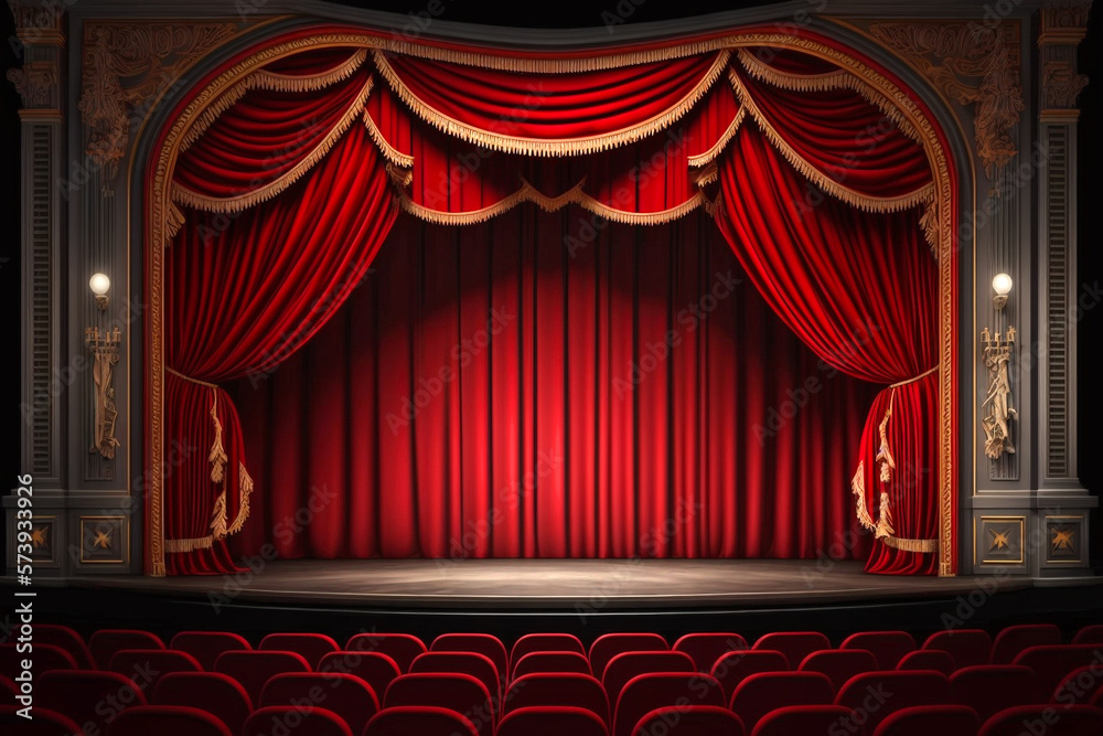 Theater stage with red curtains, spotlights and empty seats rows ...