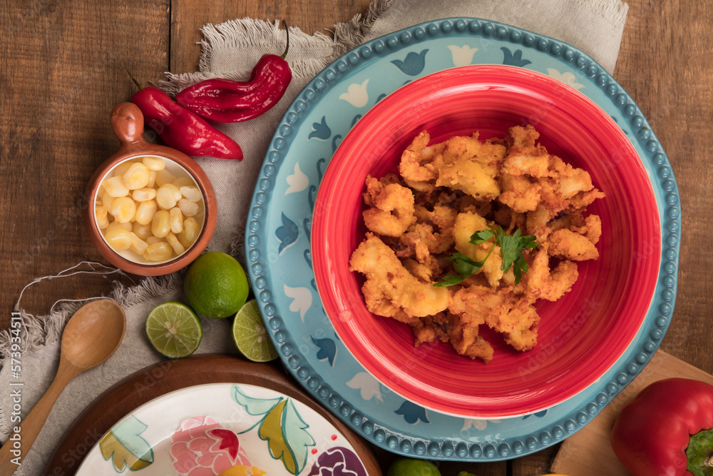 Chicharrón de pota pescado fish sticks Sea food ceviche Assorted food ...