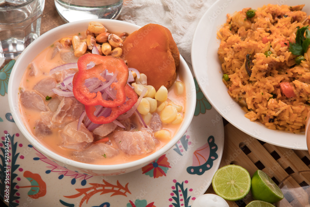Ceviche en salsa de rocoto Sea food ceviche Assorted food plates Peru ...