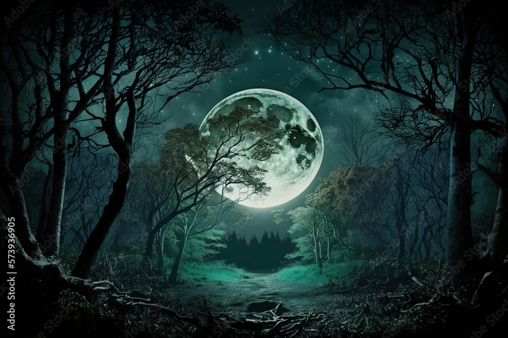 forest at night with the bright moon and trees in an enchanting ...