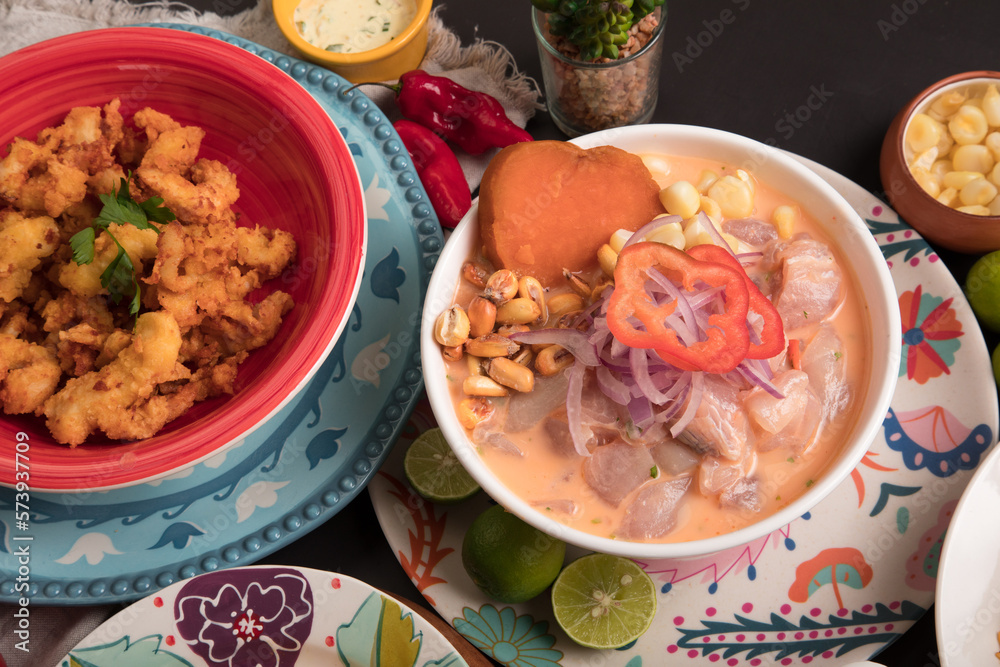 Ceviche cebiche de pescado Sea food ceviche Assorted food plates Peru ...